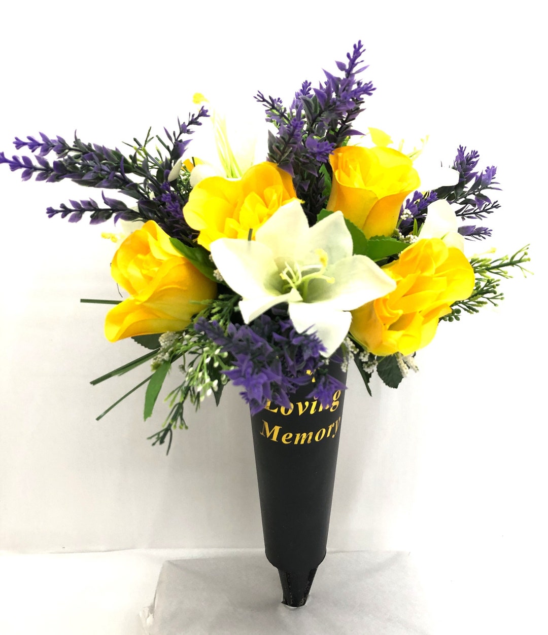 Grave Spike With Artificial Flowers, Yellow Lilies & Ivory Roses With ...