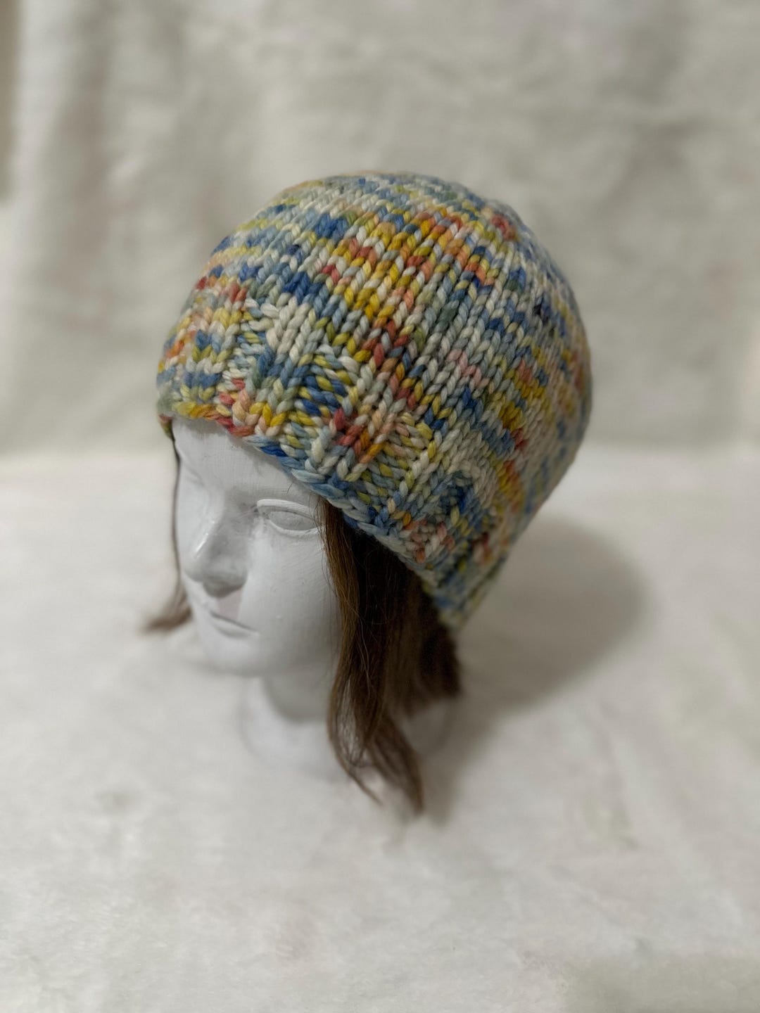 Blue and Yellow Wool Winter Hat Knitted Adult Medium Beanie Hand Dyed ...