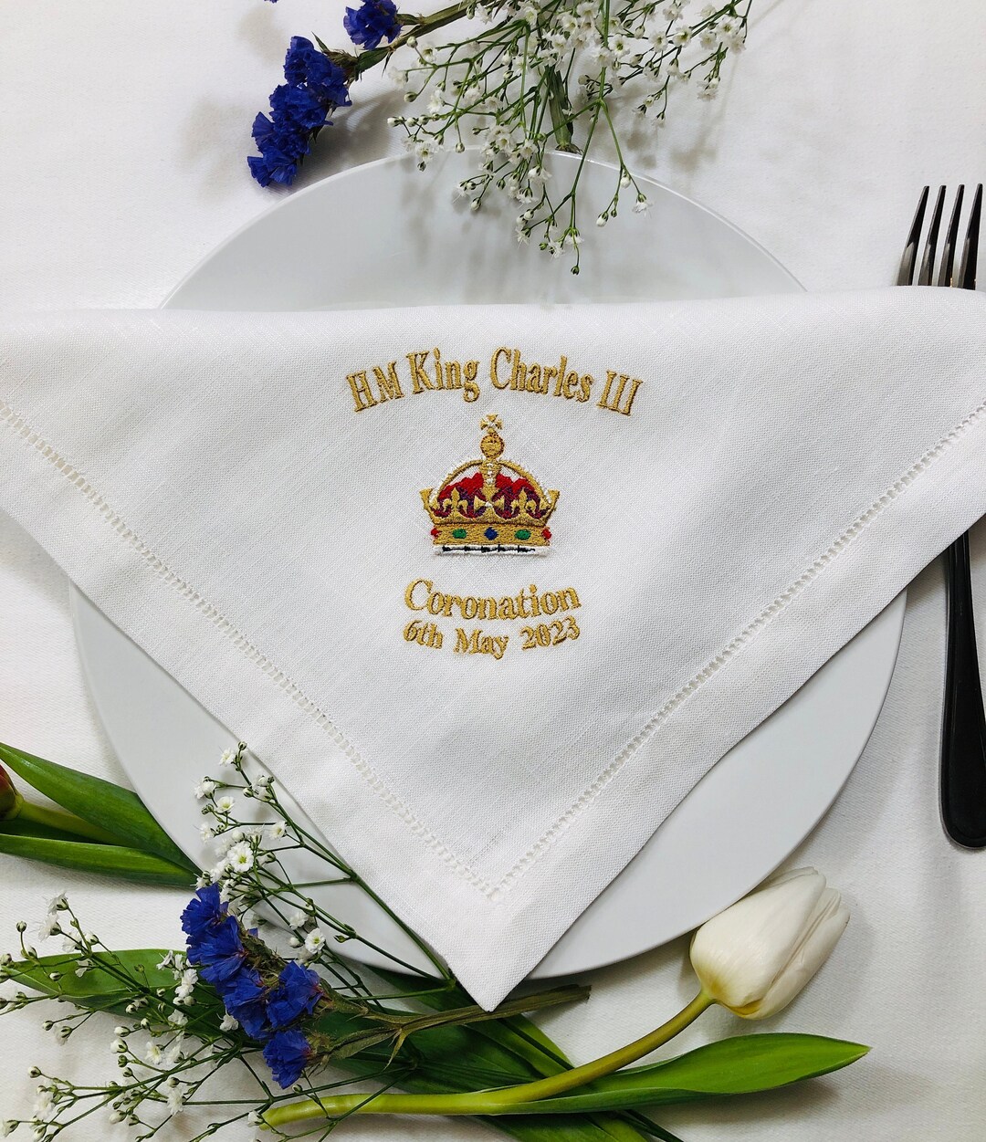 H M King Charles III Coronation Napkin Embroidered on Cotton or Linen ...