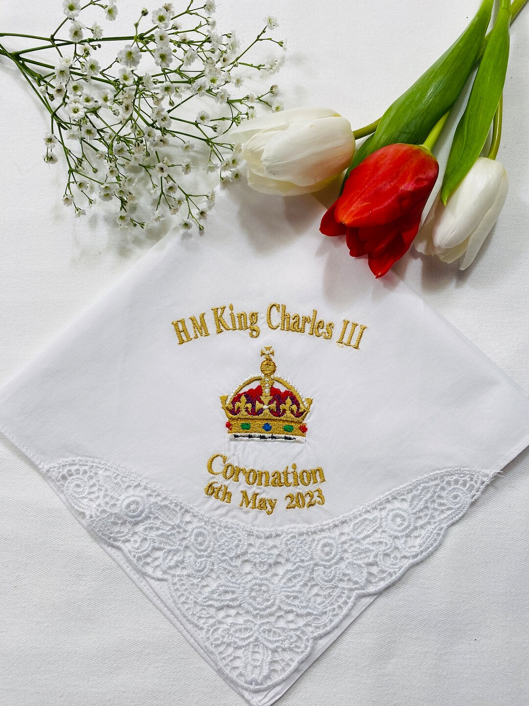 King Charles III Coronation Day Handkerchief With Lace Corner on Cotton ...