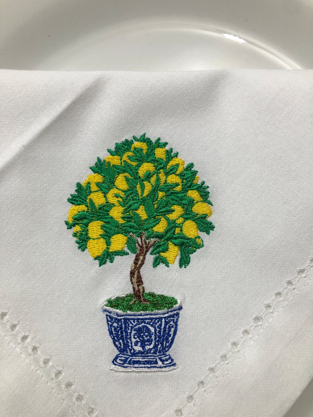Lemon Tree Embroidered Napkin Delft Pot Citrus-themed Event Summer ...