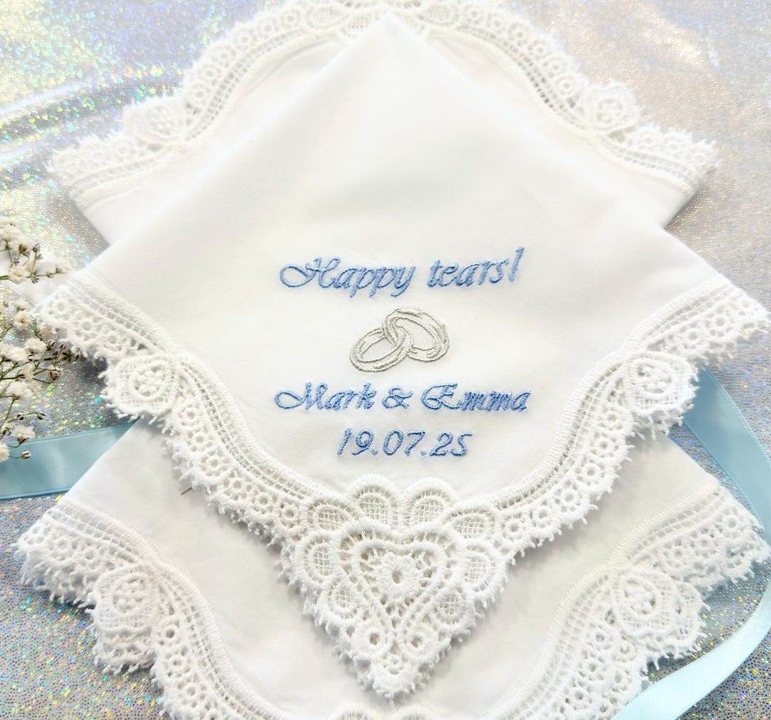 Embroidered Lace Wedding Handkerchief: Cotton Hanky, Happy Tears - Etsy