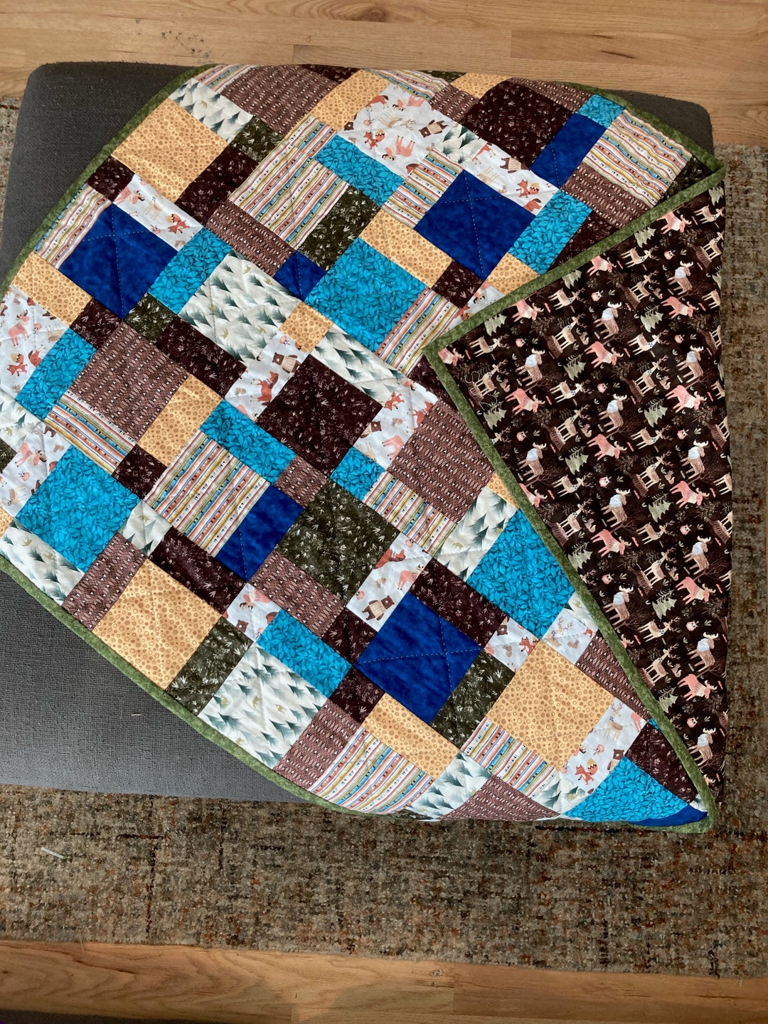 Hand Quilted in Diagonal Squares, Split 9 Patch, 37" X 43", 100 % ...