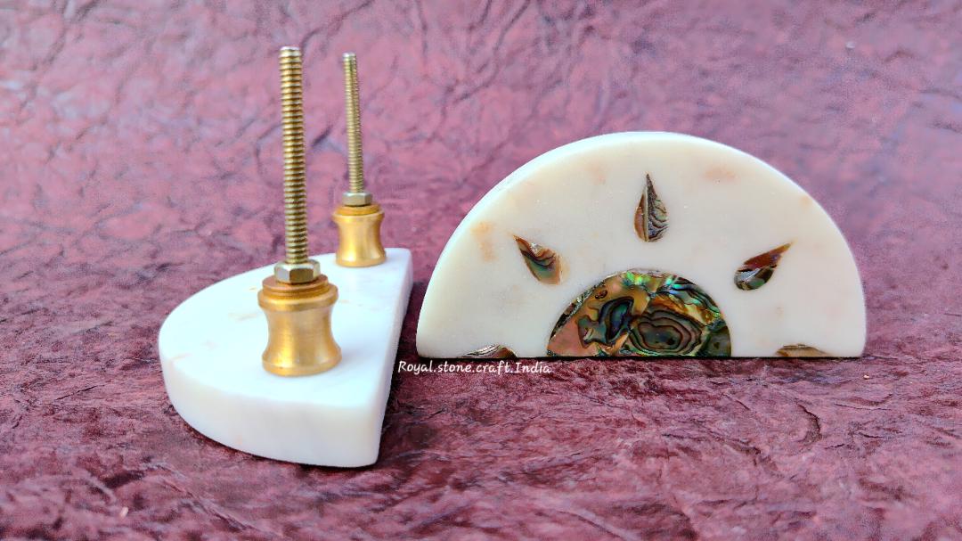 White Marble Half Moon Cabinet Pull Abalone Inlay Stone Drawer Handle ...