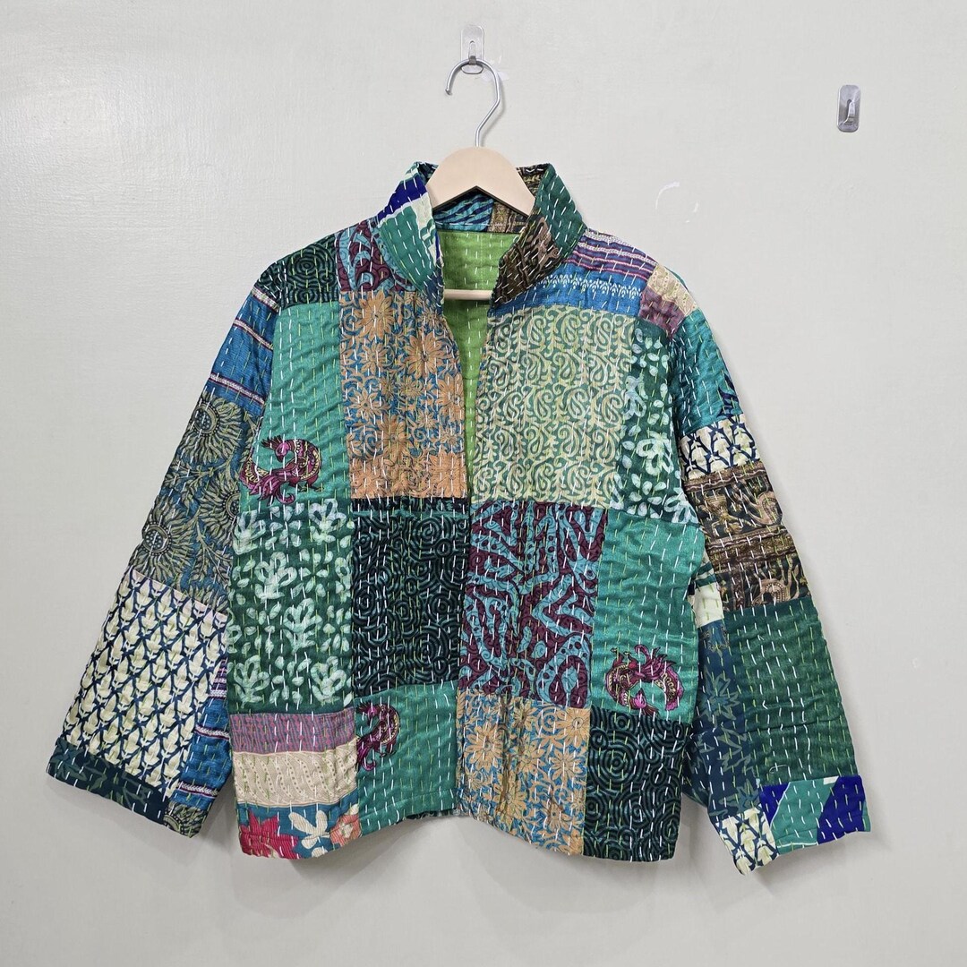 Kantha Silk Patchwork Reversible Short Jacket, Indian Handmade Quilted ...