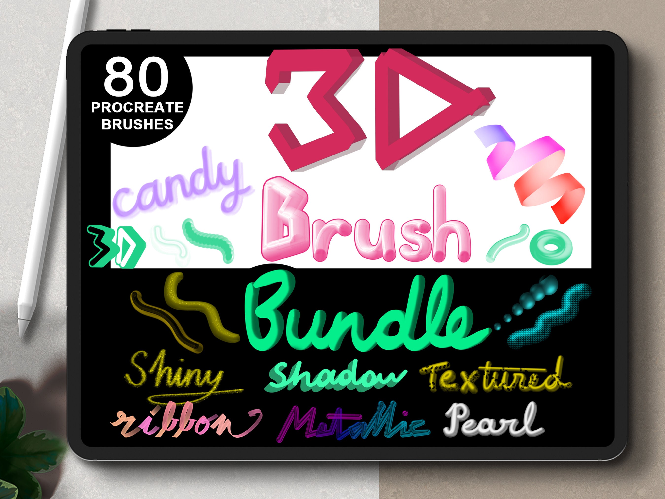 3D Procreate Brushes for Lettering, 3D Brush Bundle, Calligraphy Outline Gold Glitter Gloss ...
