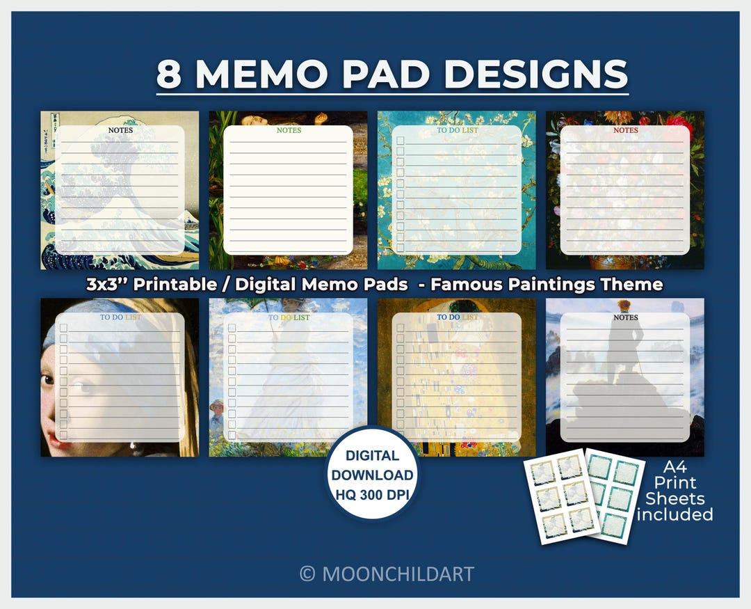 8 Printable Memo Pad Sheets Famous Paintings Digital Notepad Task to Do ...