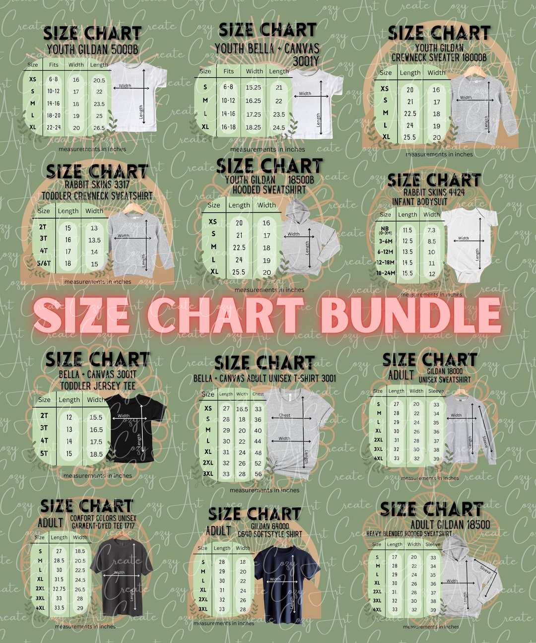 Size Chart Bundle, Adult Size Chart, Youth Size Chart, Toddler Size ...