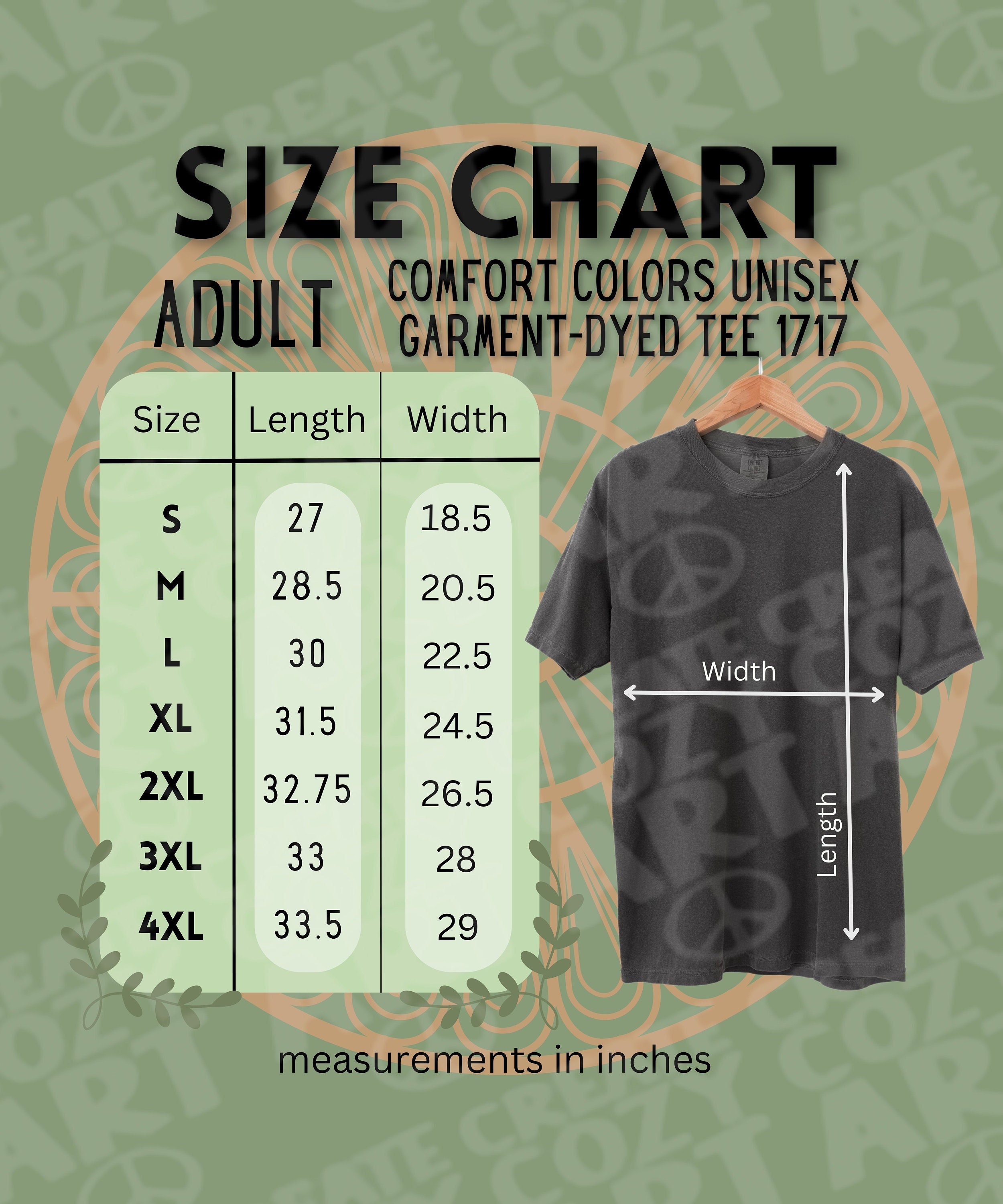 Comfort Colors Size Chart, Adult Size Chart, Size Chart With Mockup ...