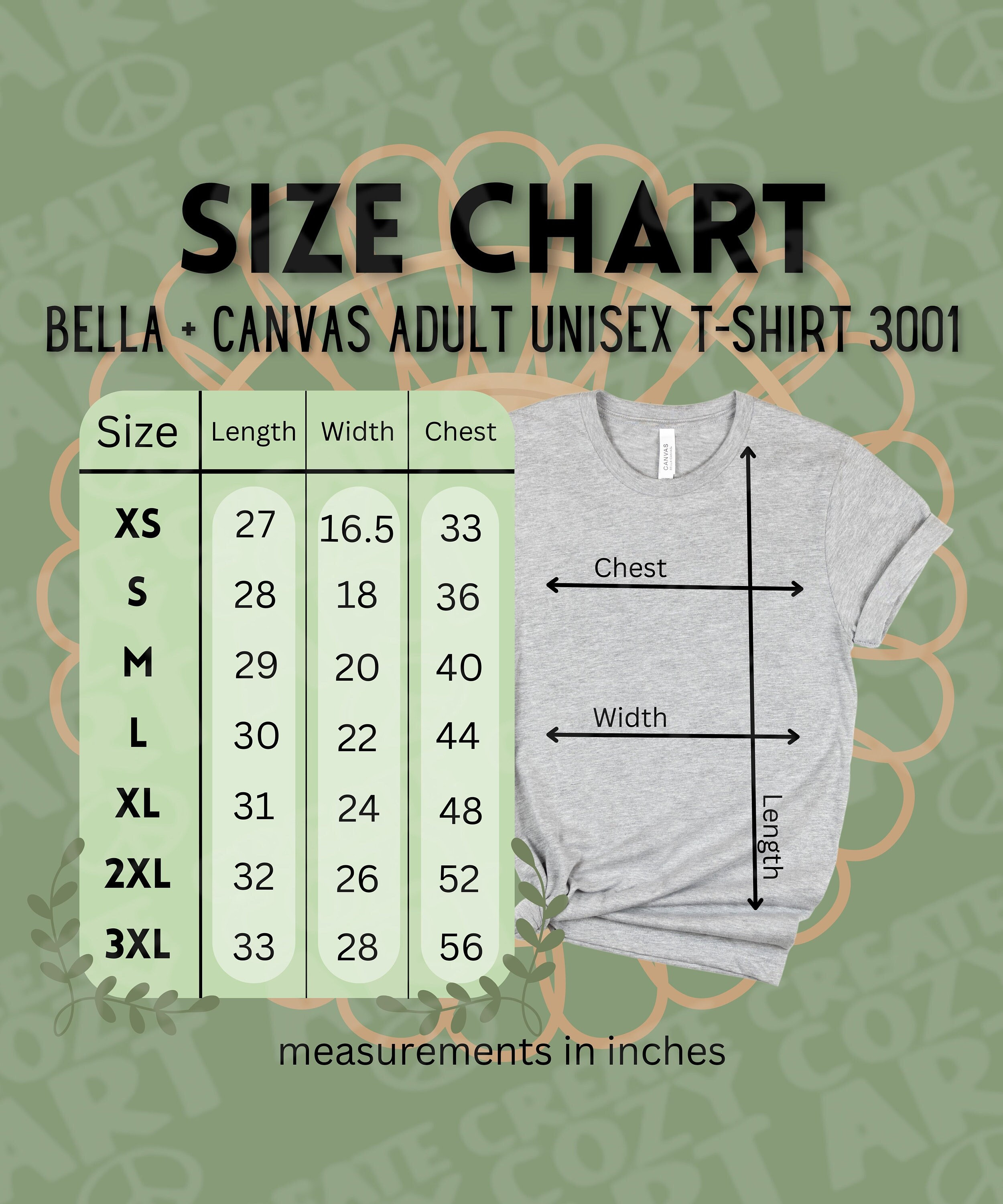Bella+canvas Size Chart, Adult B+C Size Chart, Size Chart With Mockup ...