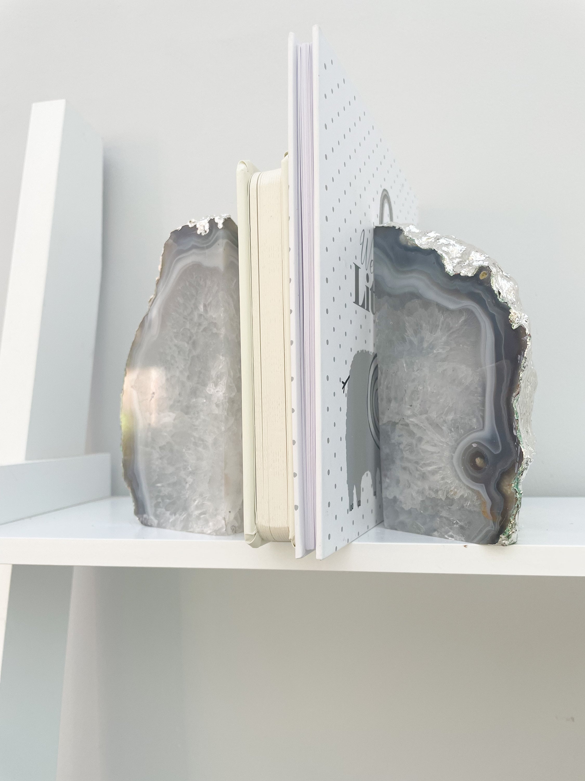 White Agate Stone Book Ends With Silver Edging, White Agate Stone ...