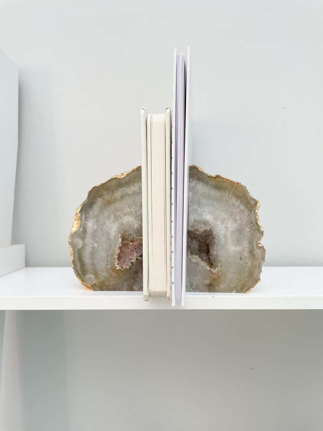 White Agate Stone Book Ends With Gold Edging, White Agate Stone ...