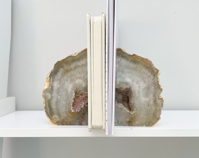 White Agate Stone Book Ends With Gold Edging, White Agate Stone ...