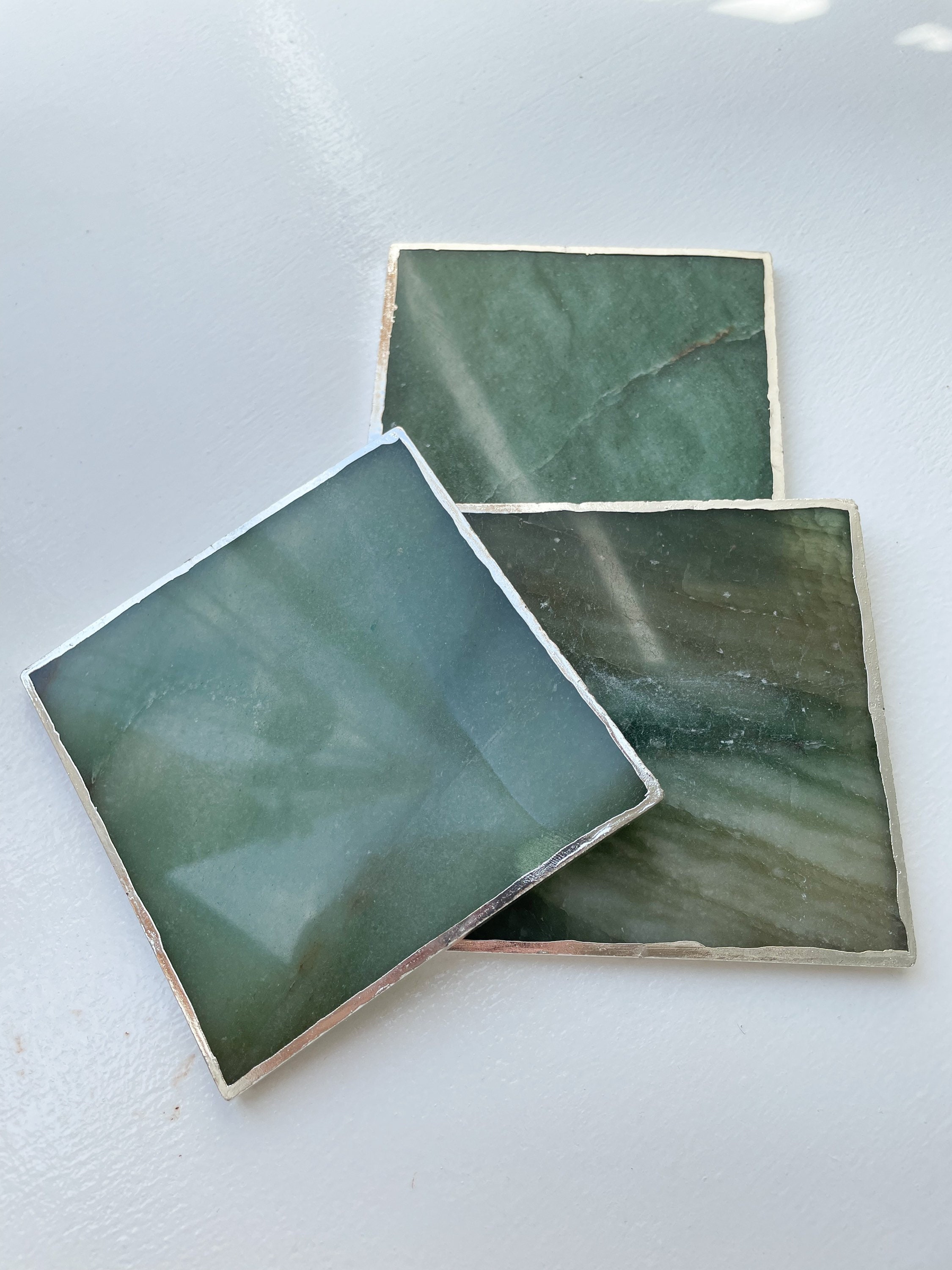 Green Agate Coasters With Silver Edge: Square Stone Coasters - Etsy