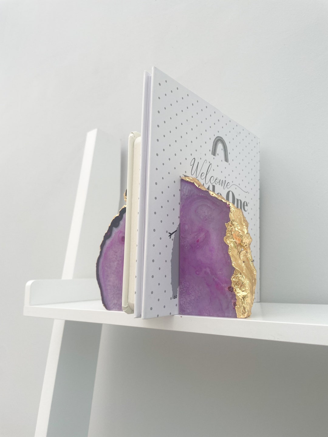 Pink Agate Stone Book Ends With Gold Edging, Pink Agate Stone Ornament ...