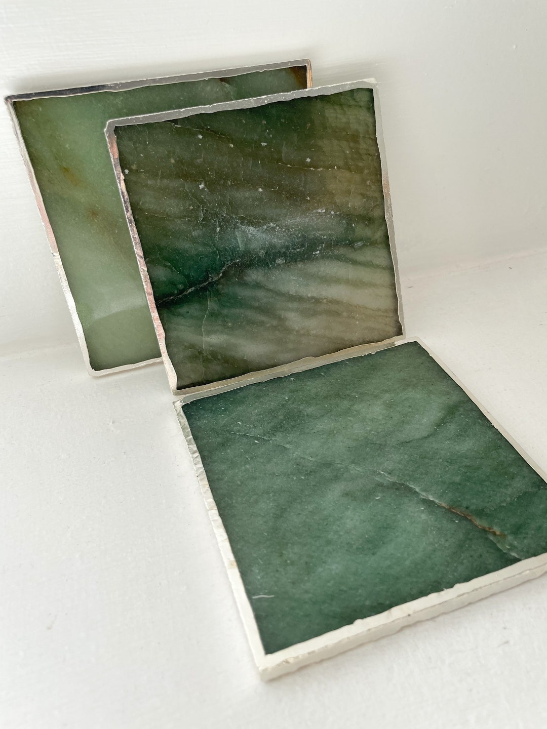 Green Agate Coasters With Silver Edge: Square Stone Coasters - Etsy