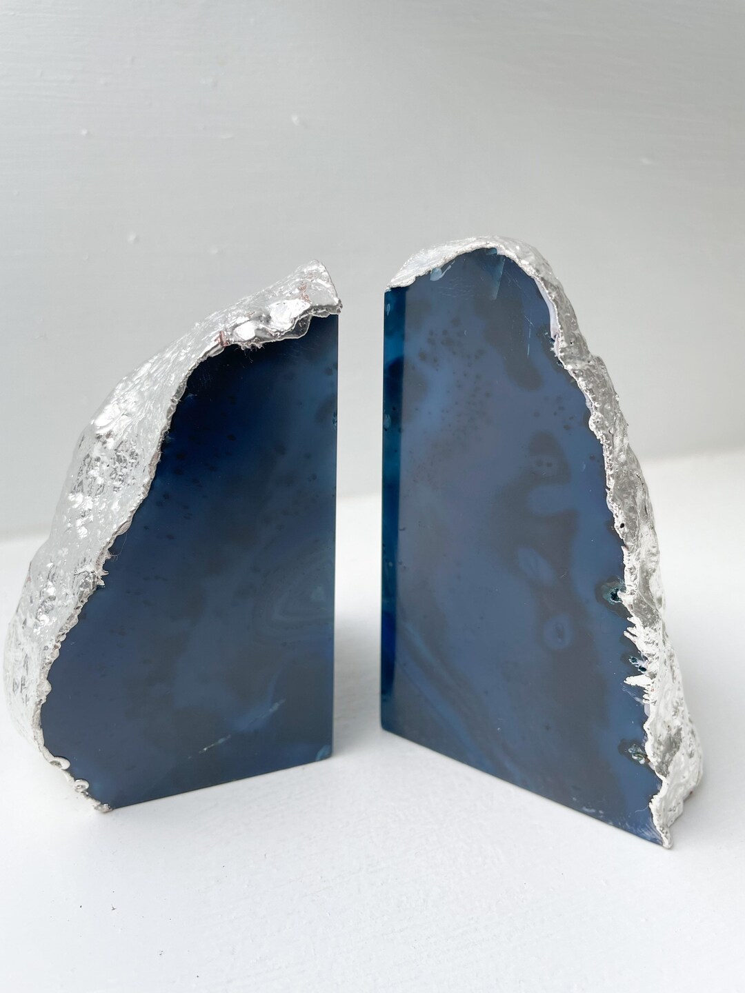 Blue Agate Stone Book Ends With Silver Edging, Blue Agate Stone ...