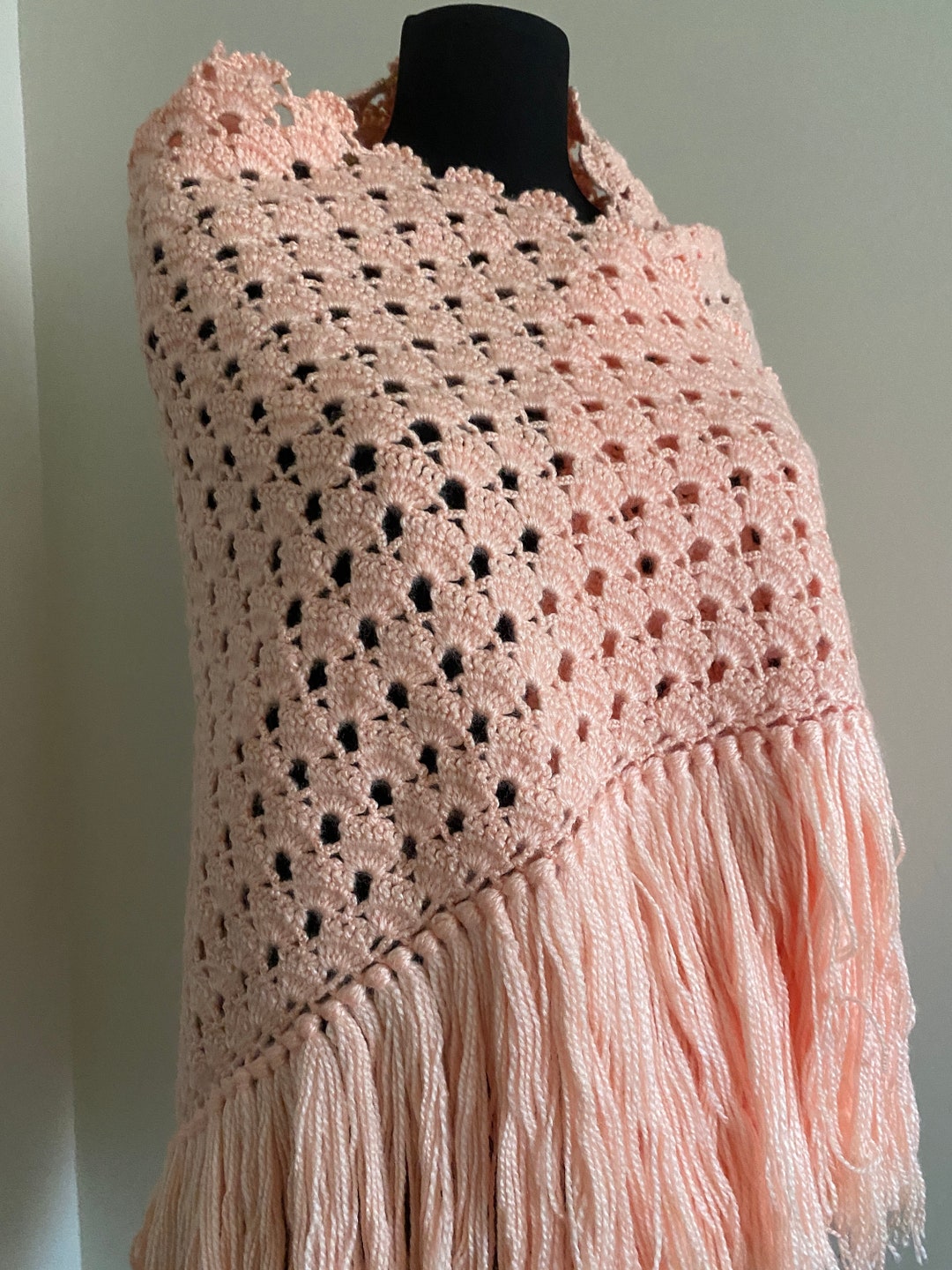 Knitted Salmon Fringed Shawl: Crochet Lace Bridal Wrap - Etsy