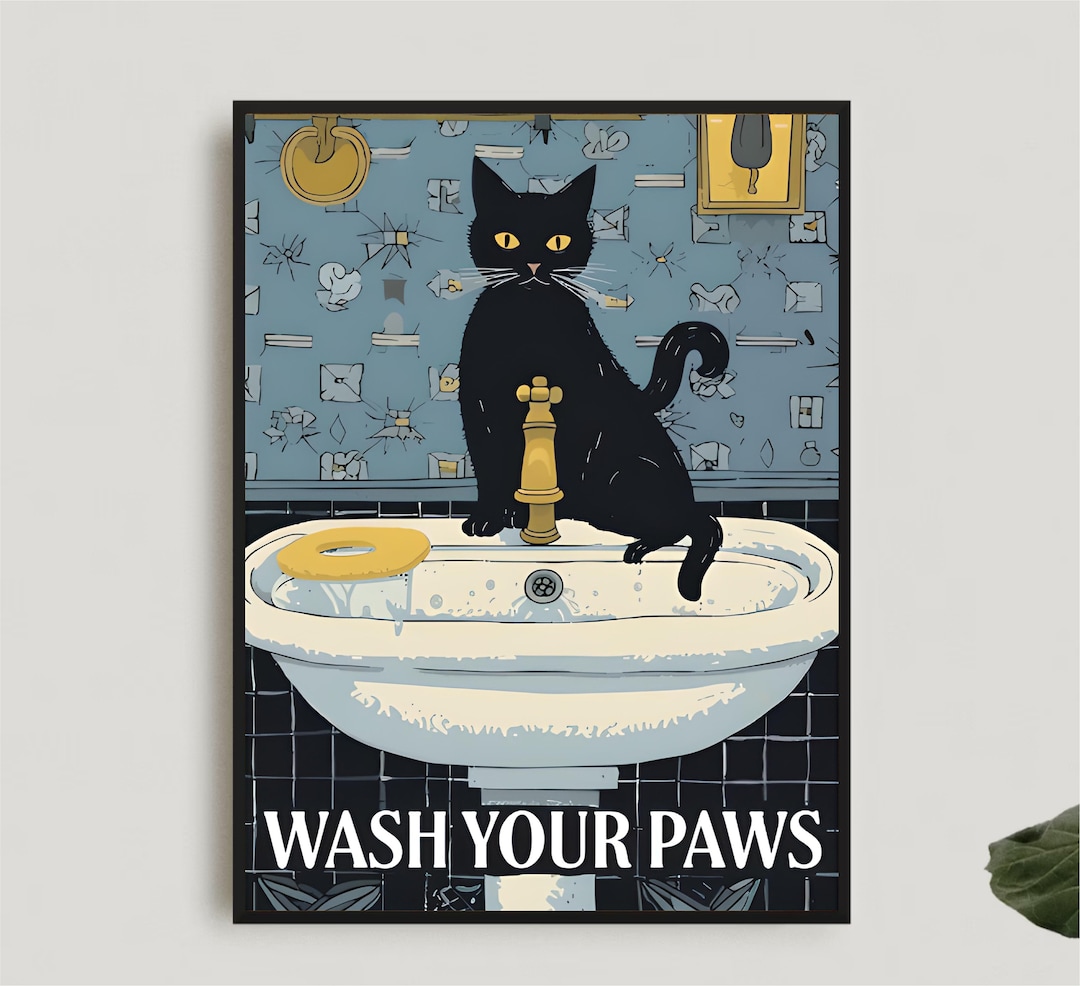 Black Cat Wash Your Paws Poster Bathroom Decoration Print Animal Picture Vintage Wall Art Toilet ...