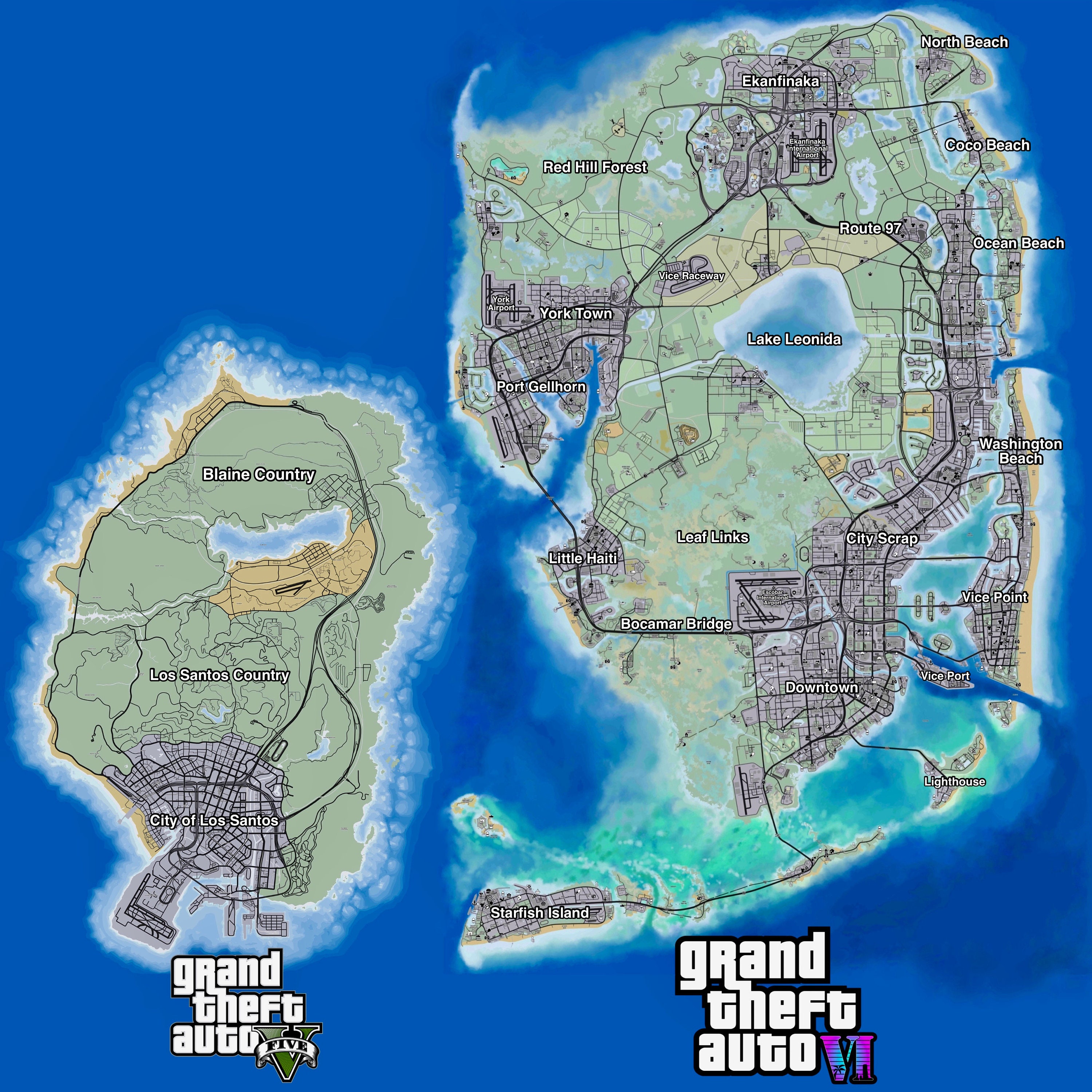 GTA 6 VI Vice City Vs GTA V 5 Size Comparison Map Poster - Etsy