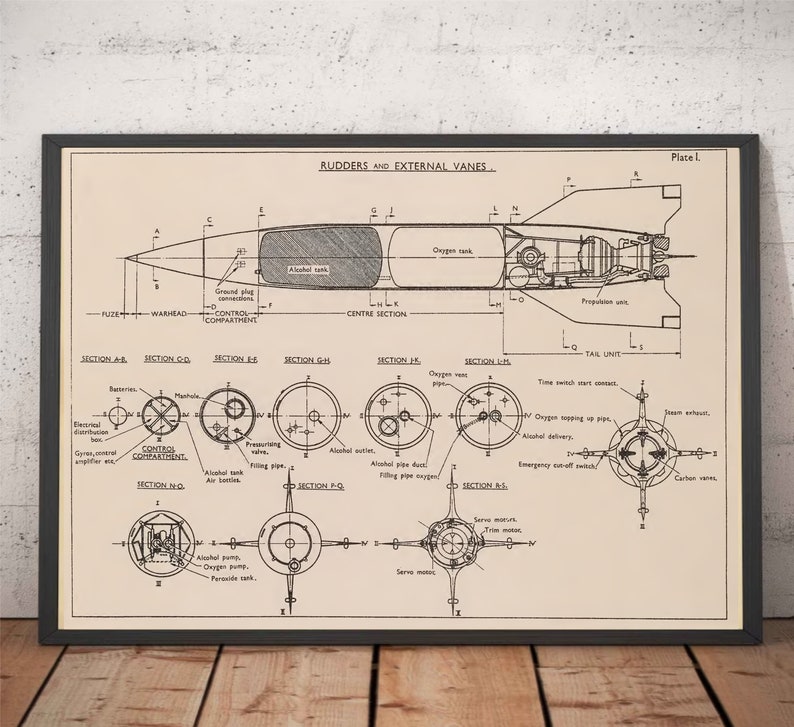 V2 Rocket Diagram Aged Poster german WW2 Rocket Missile World War 2 ...
