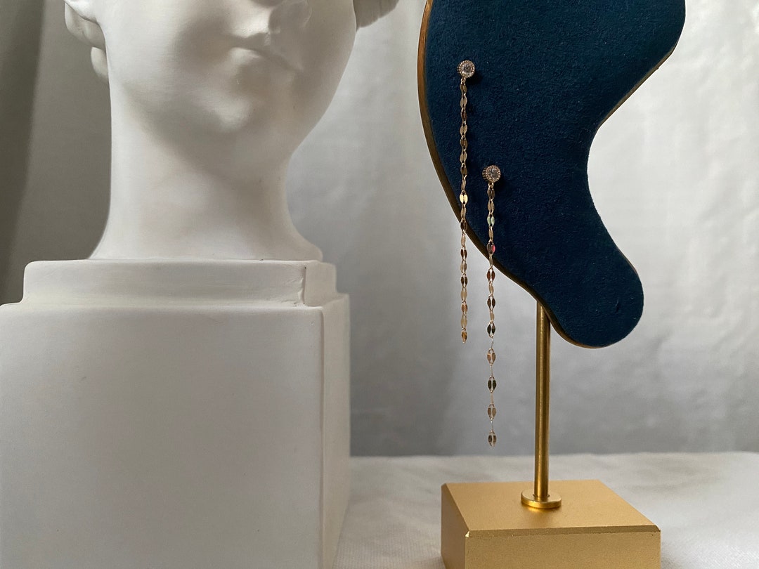 14ct Solid Gold Plain Long Chain Diamante Earrings - Etsy