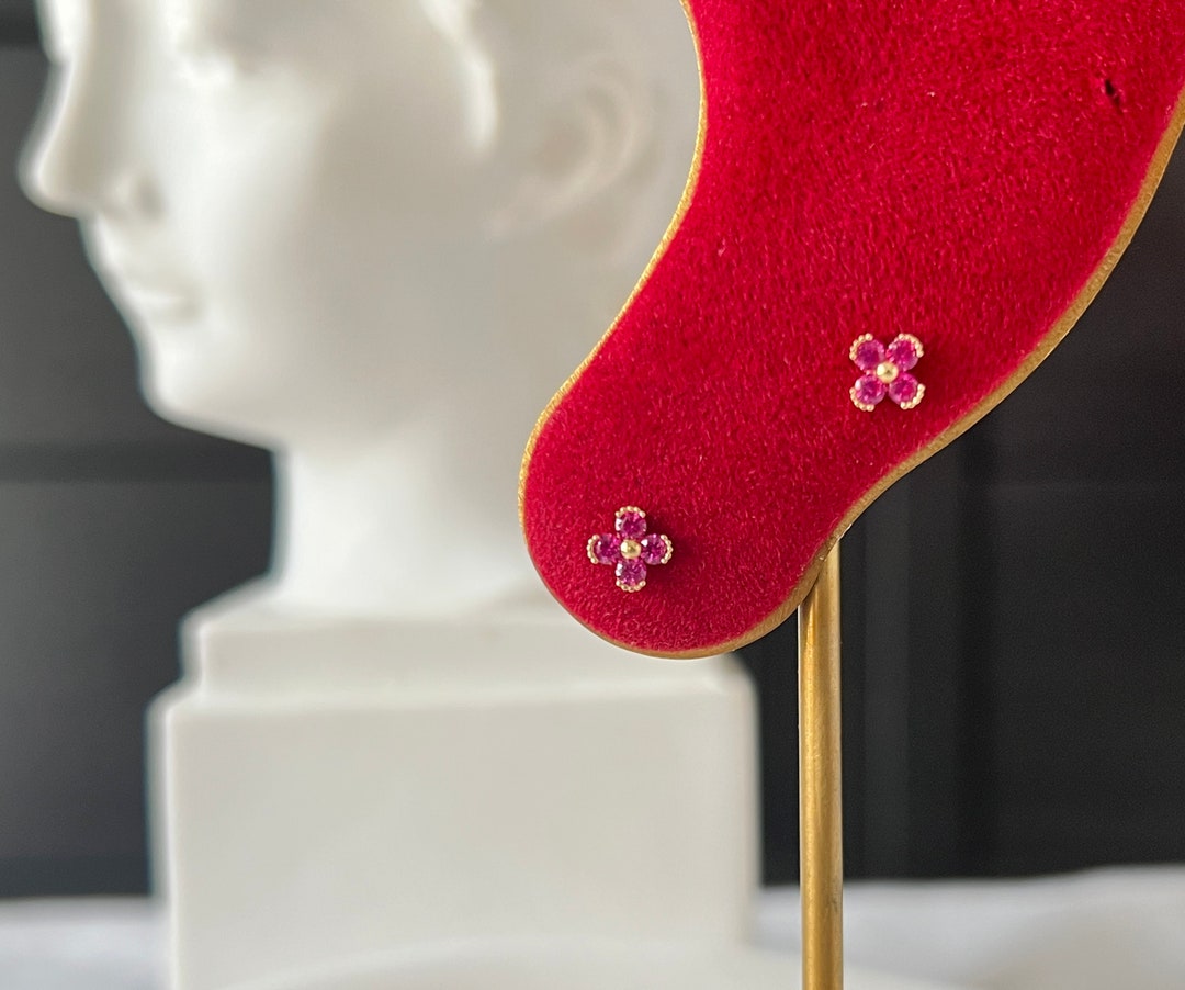 9ct Solid Gold Dainty Small Fuchsia Gem Four Petal Flower Stud Earrings ...