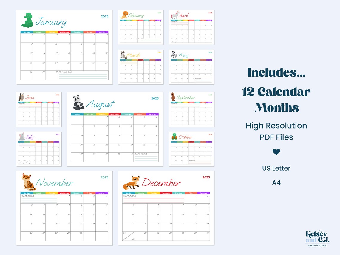 Printable and Fillable 2023 Calendar With Animals, Schedule for Kids ...