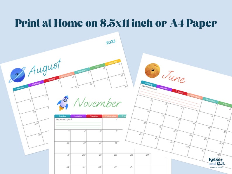 Space Themed Printable and Fillable 2023 Calendar, Schedule for Kids ...