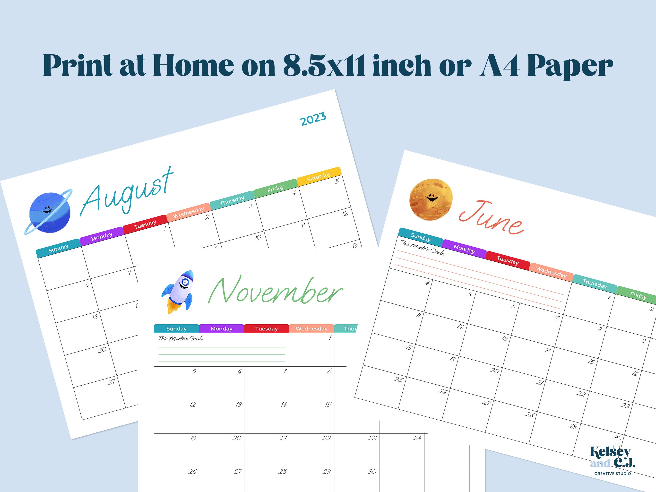 Space Themed Printable and Fillable 2023 Calendar, Schedule for Kids ...