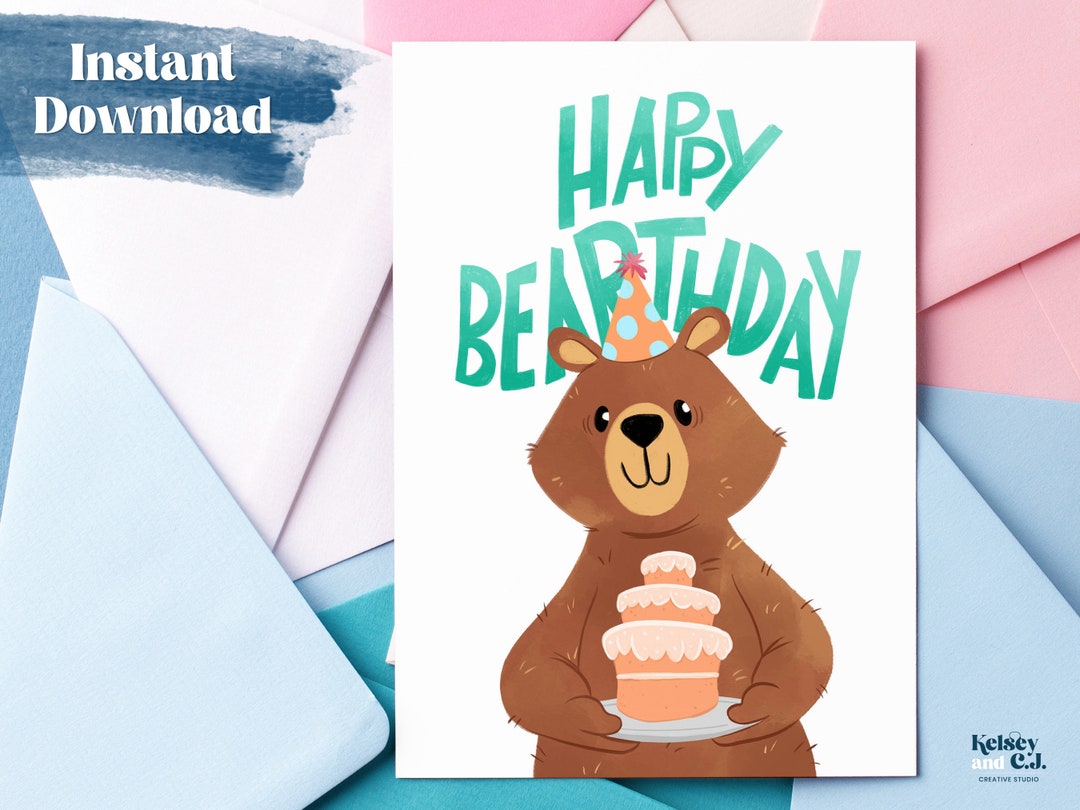 Printable Happy Birthday Card, Instant Download Bear Card, Print at ...