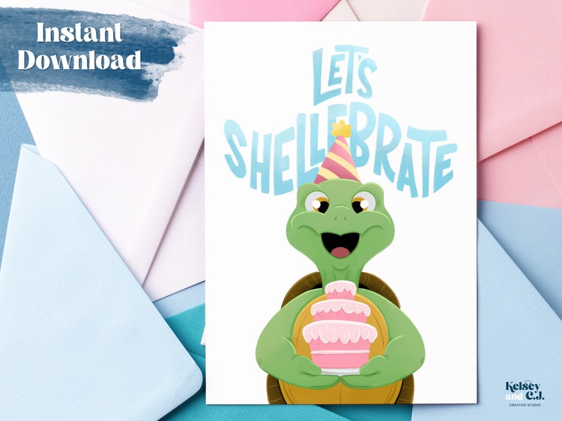 Printable Happy Birthday Card, Instant Download Turtle and Tortoise ...