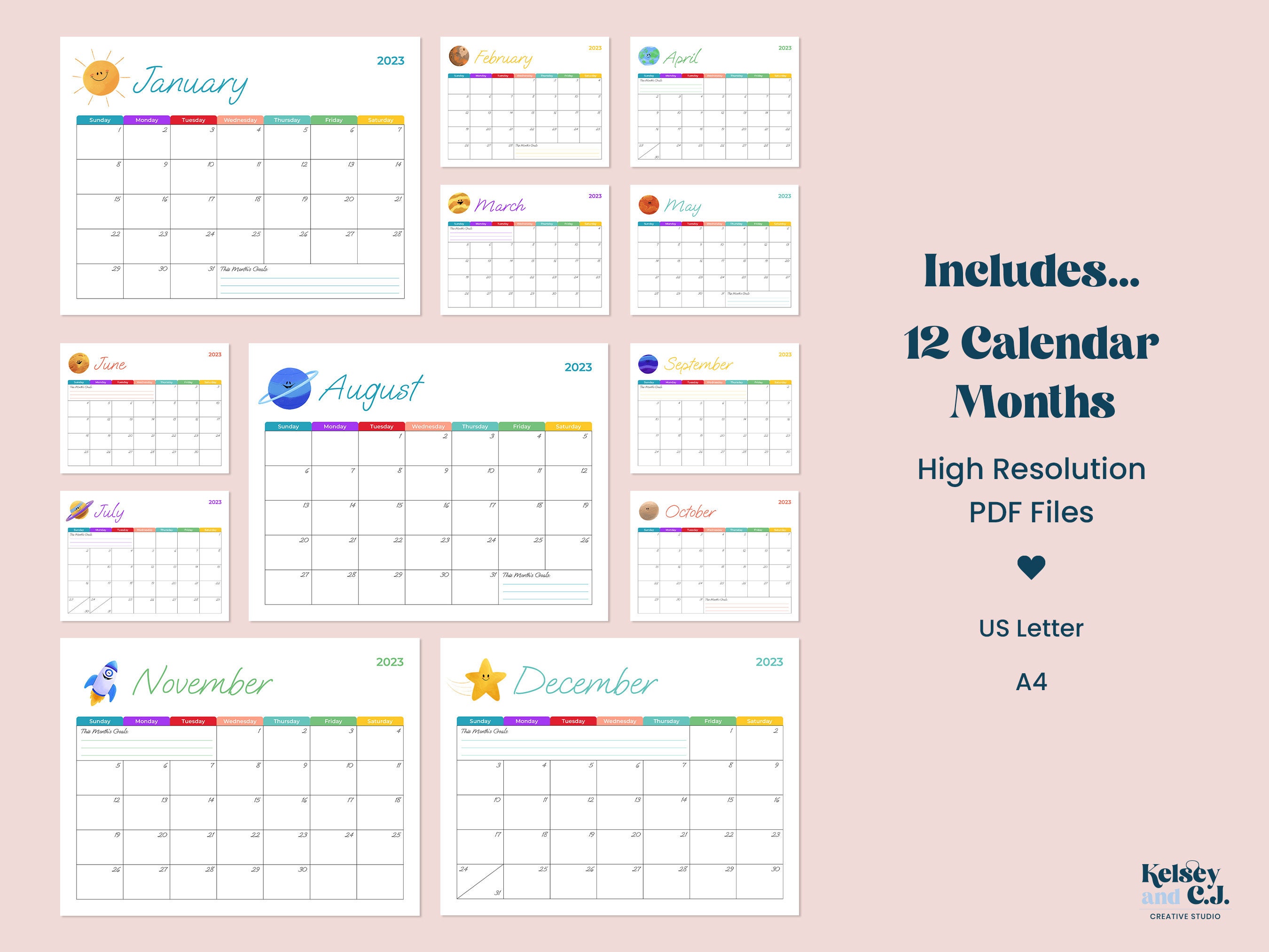 Space Themed Printable and Fillable 2023 Calendar, Schedule for Kids ...