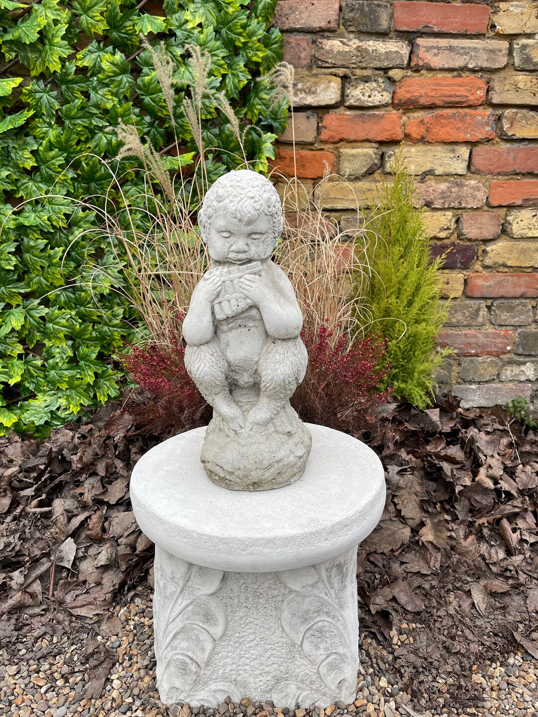 Boy With Harmonica Statue, Handmade Concrete Child Sculpture, Boy With ...