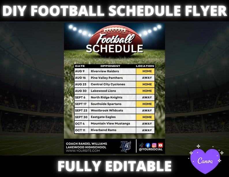 CANVA High School Football Schedule Template,friday Night Football ...