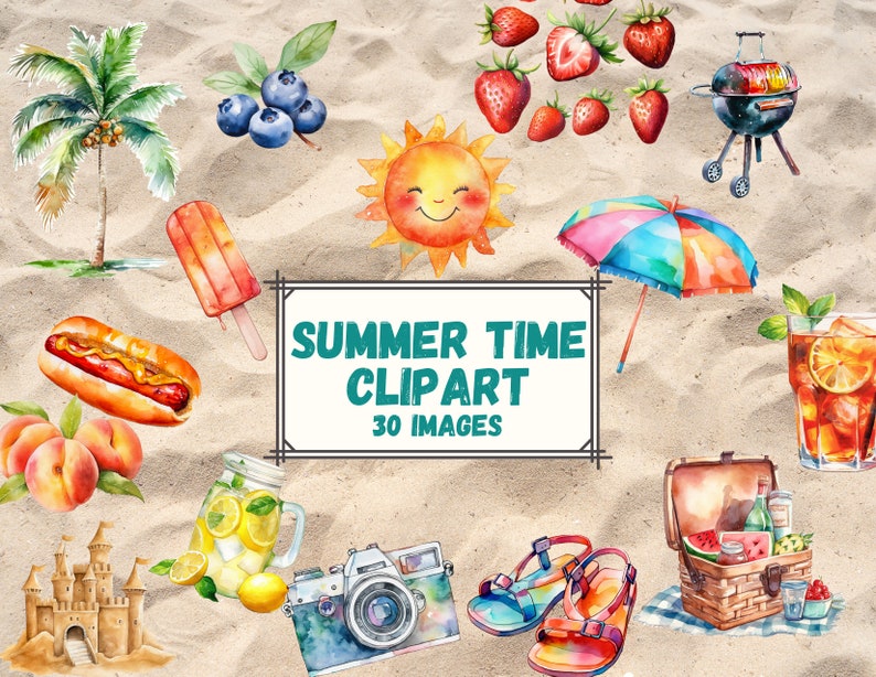 Watercolor Summer Themed Clipart Transparent PNG - Etsy