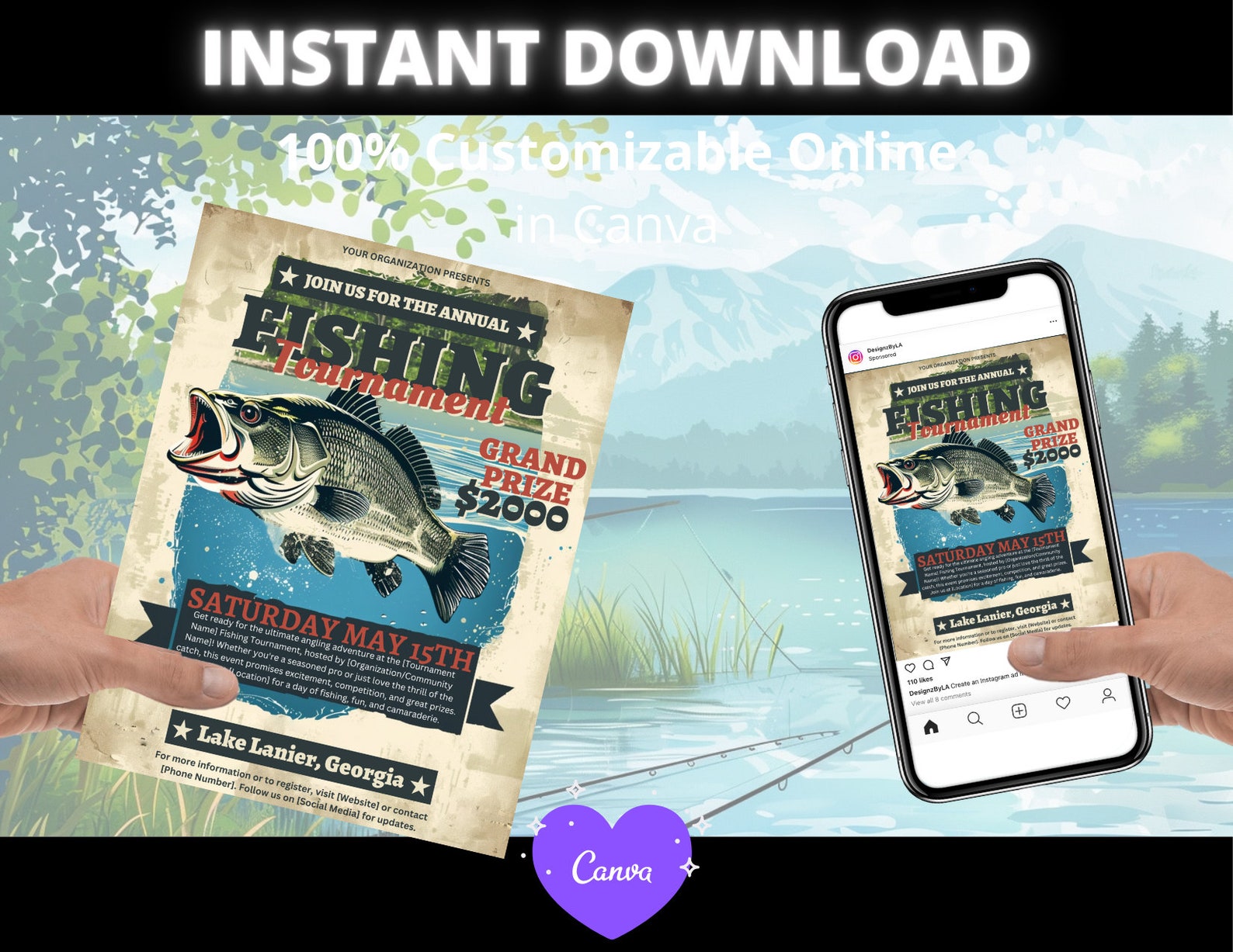 Digital Fishing Tournament Flyer Template - Editable Canva Design ...