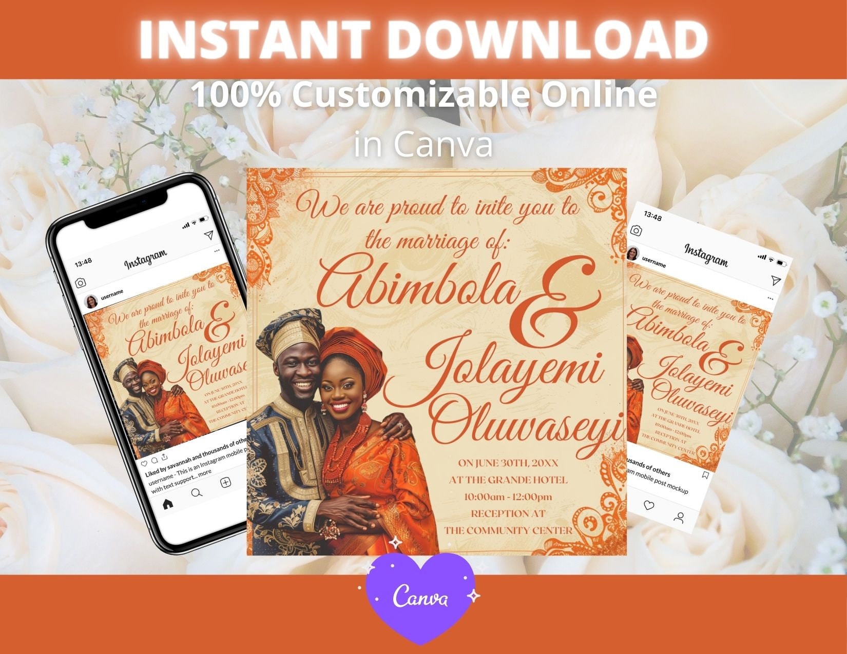 Nigerian Wedding Invitation Template - Editable in Canva, Digital ...