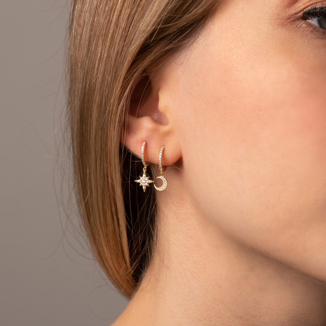 Gold Moon & Star Dangle Earrings, Huggie Hoops, Dainty Minimalist Star Moon, Cute Gift for Her ...