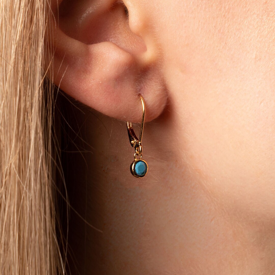 Turquoise Minimalist Hoop Earrings, Tiny Turquoise Dangle Hoops, Gold ...