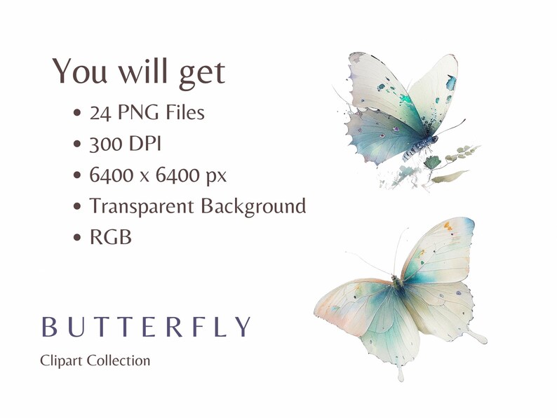 Watercolor Butterfly Clip Art, 24 Pcs, for Invitations, Scrapbooks ...