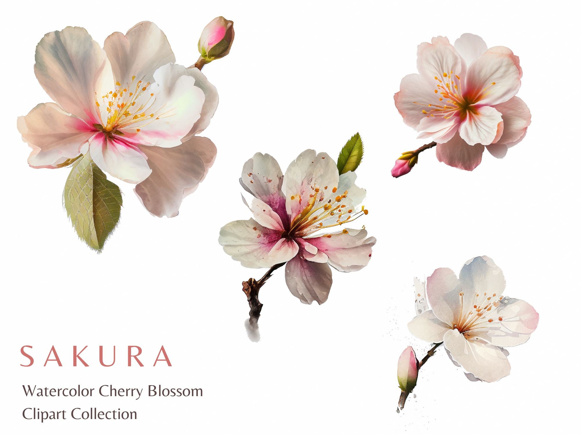 Sakura Cherry Blossom Clipart, Watercolor Japanese Blossoms, Spring ...