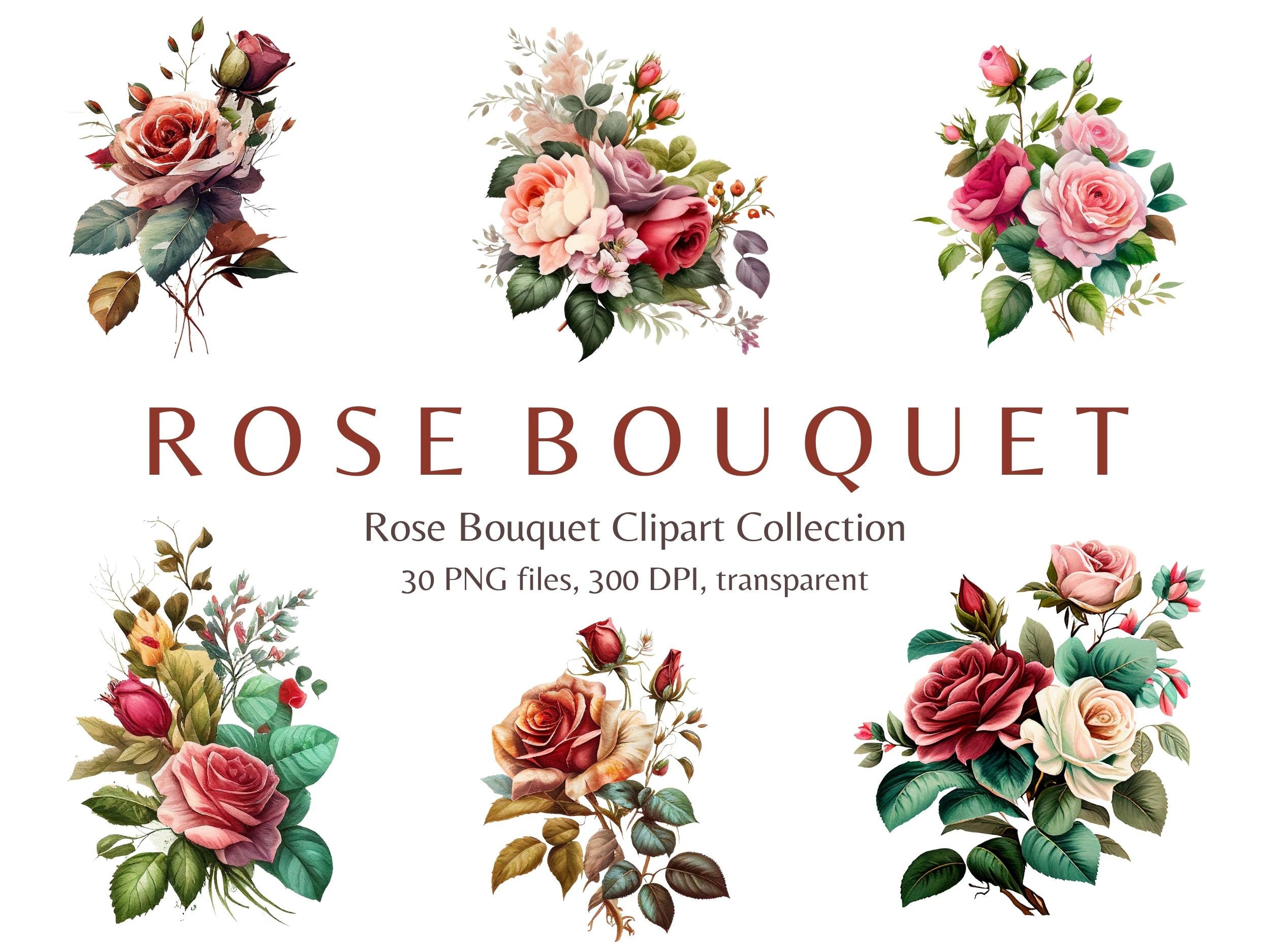 Watercolor Rose Bouquet Clip Art 30 Pcs for Invitations - Etsy