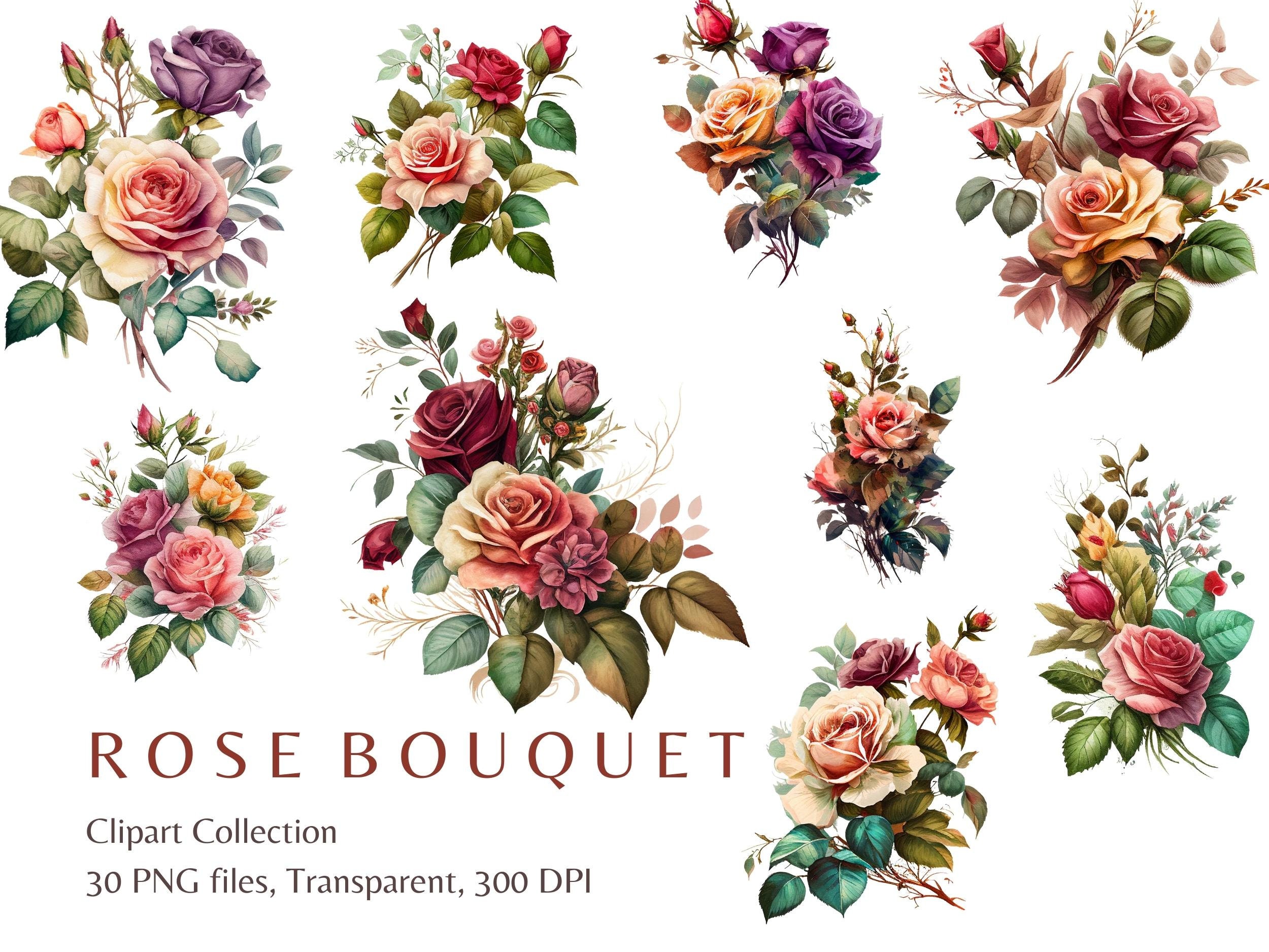Watercolor Rose Bouquet Clip Art 30 Pcs for Invitations - Etsy