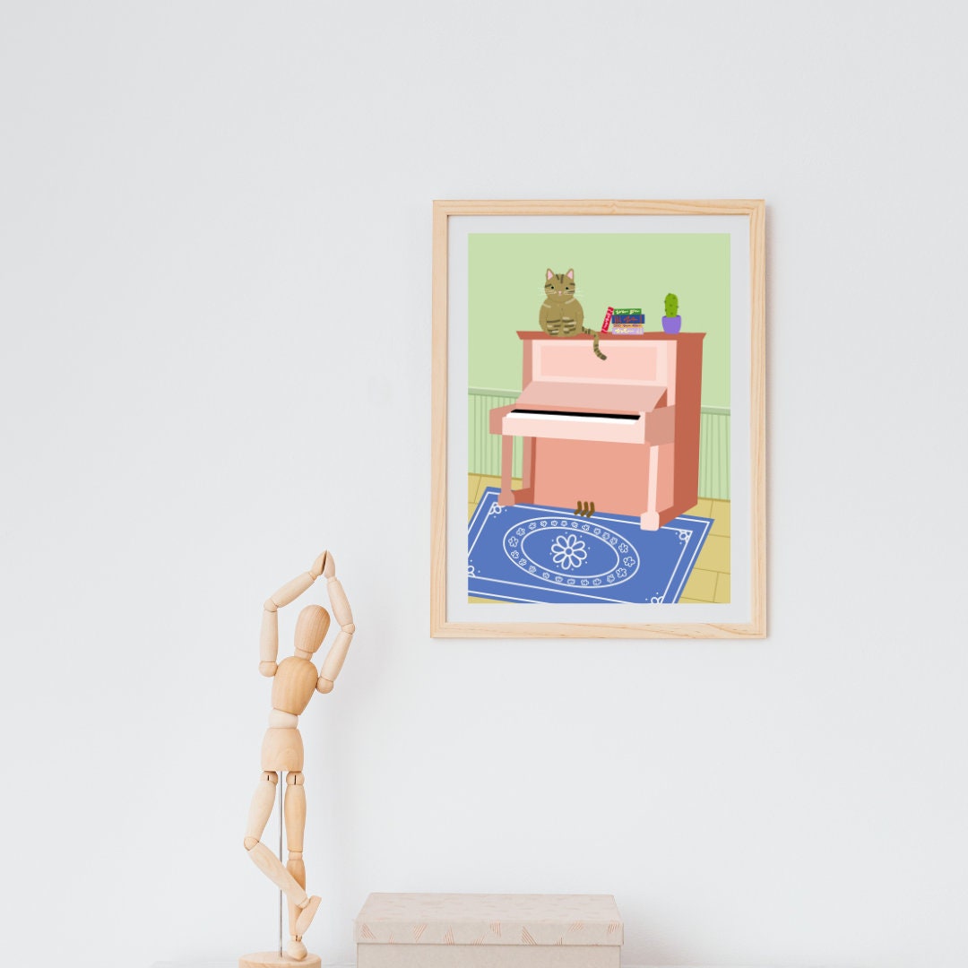 Cat Piano Wall Art Piano Digital Print Cute Apartment Decor Digital ...