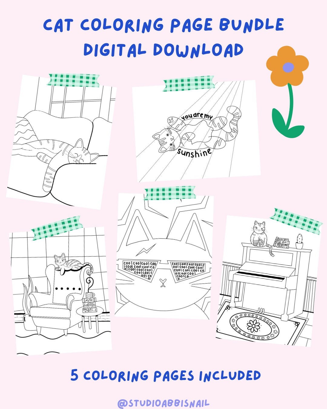 Cozy Cat Printable Coloring Pages Bundle of 5 Cute Cat Coloring Sheets ...