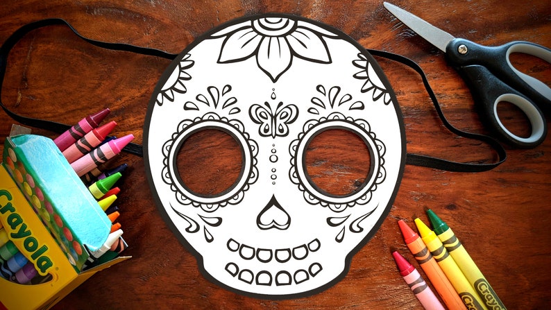 Two Sugar Skull Masks Printable Coloring Activity for Kids Day of the ...