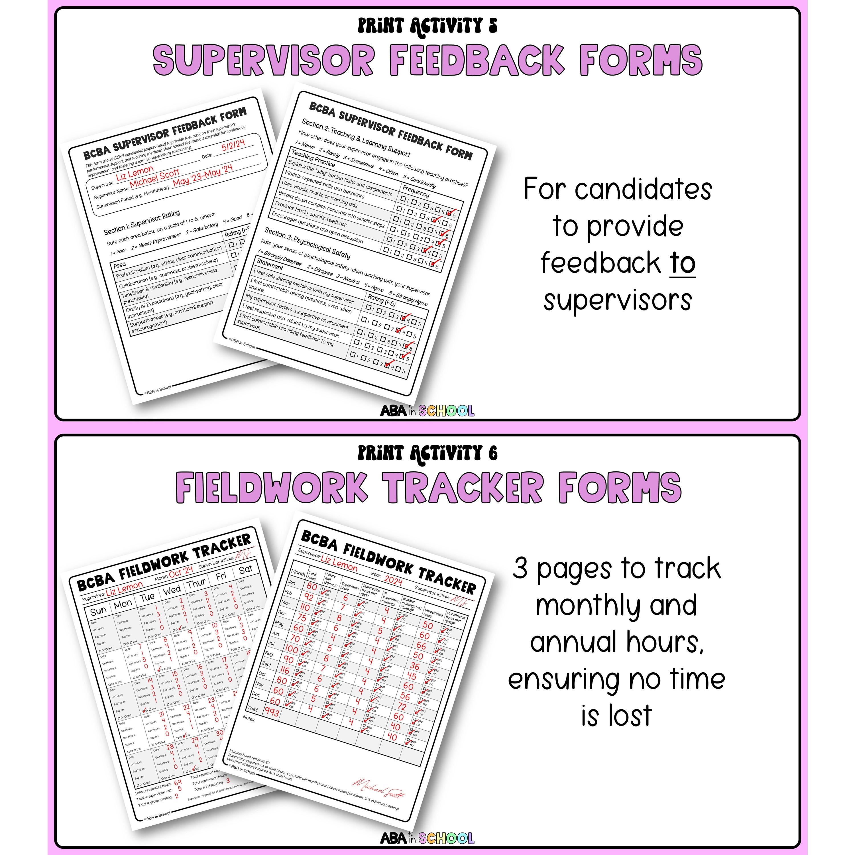 BCBA Fieldwork Supervision Tracker ABA Supervision Feedback Form Staff ...
