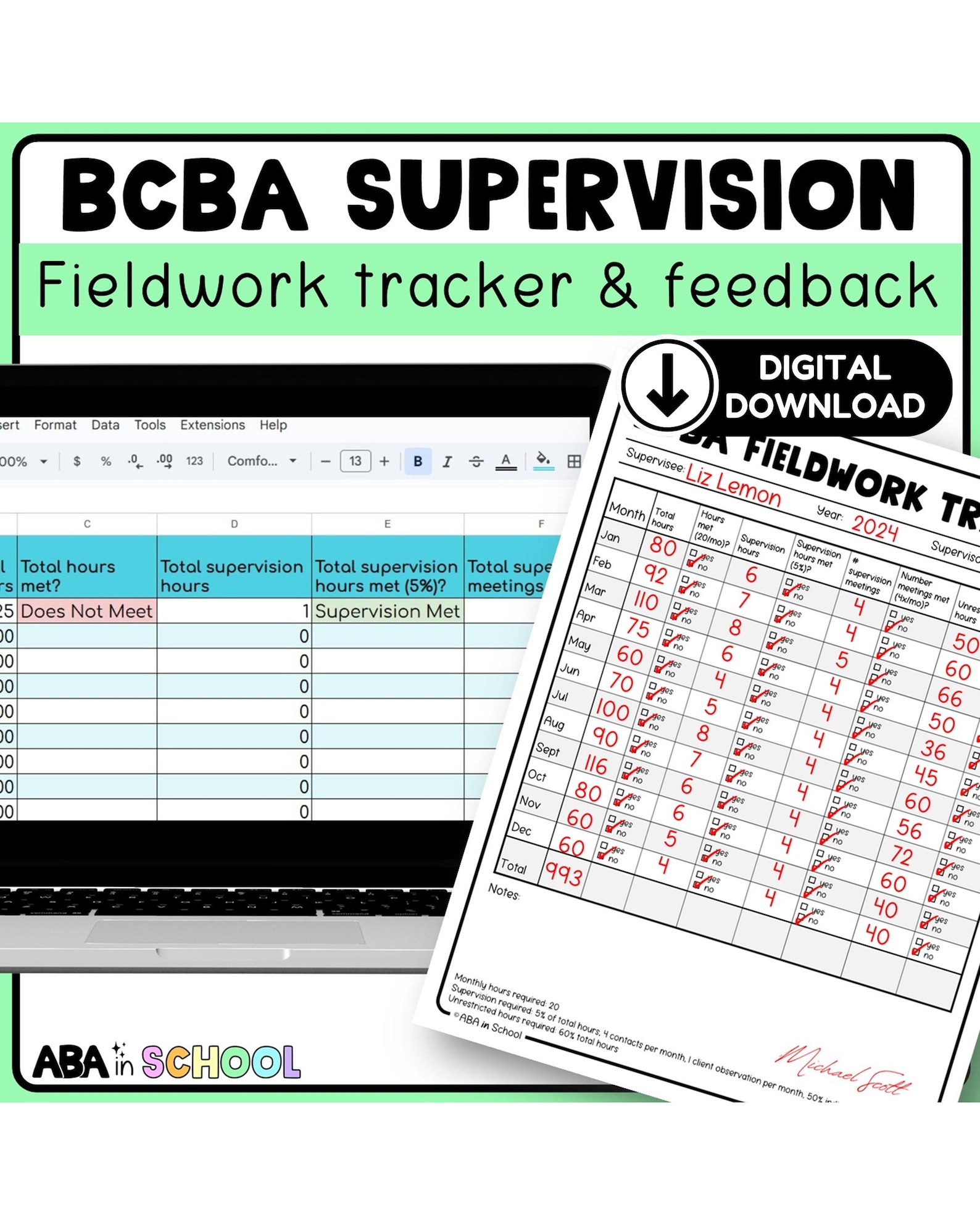 BCBA Fieldwork Supervision Tracker: ABA Feedback Forms (digital ...