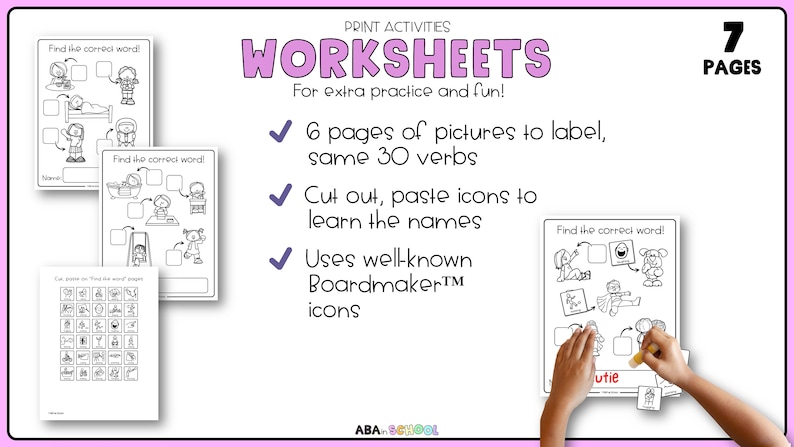 Receptive Identification Action Verb Flashcards and Worksheets and ...